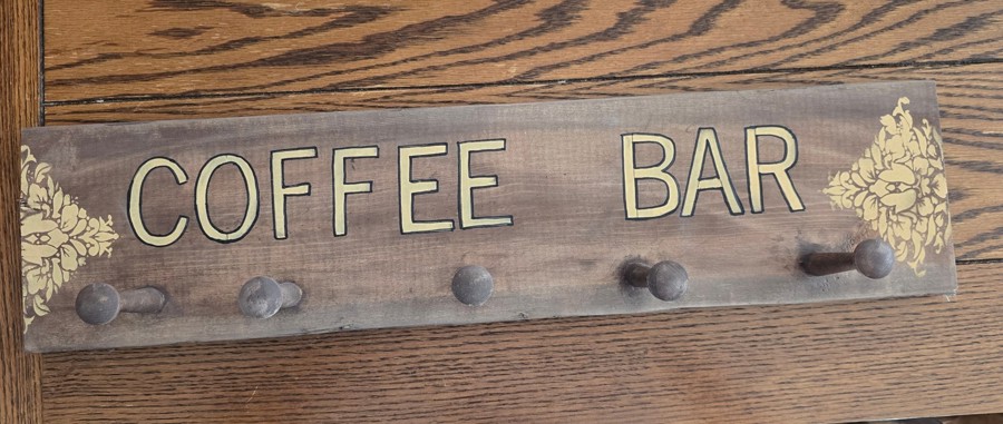 Brown Coffee Bar Sign w/Coffee Cup Hooks